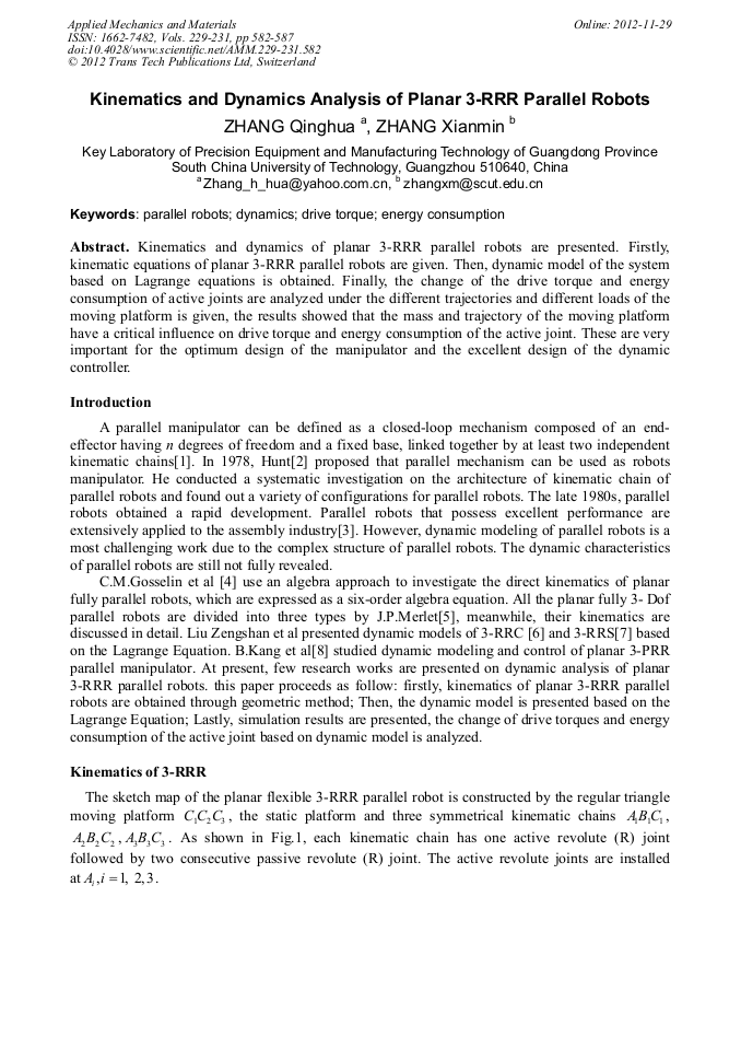 Kinematics and Dynamics Analysis of Planar 3-RRR Parallel Robots | Scientific.Net