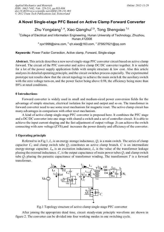 A Novel Single-Stage PFC Based on Active Clamp Forward Converter ...