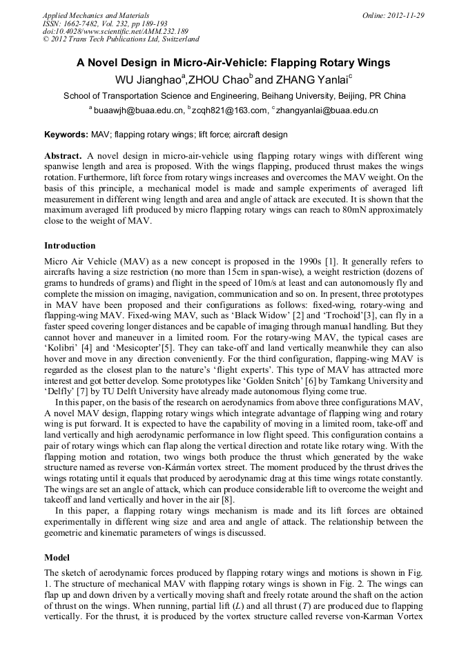 A Novel Design in Micro-Air-Vehicle: Flapping Rotary Wings | Scientific.Net