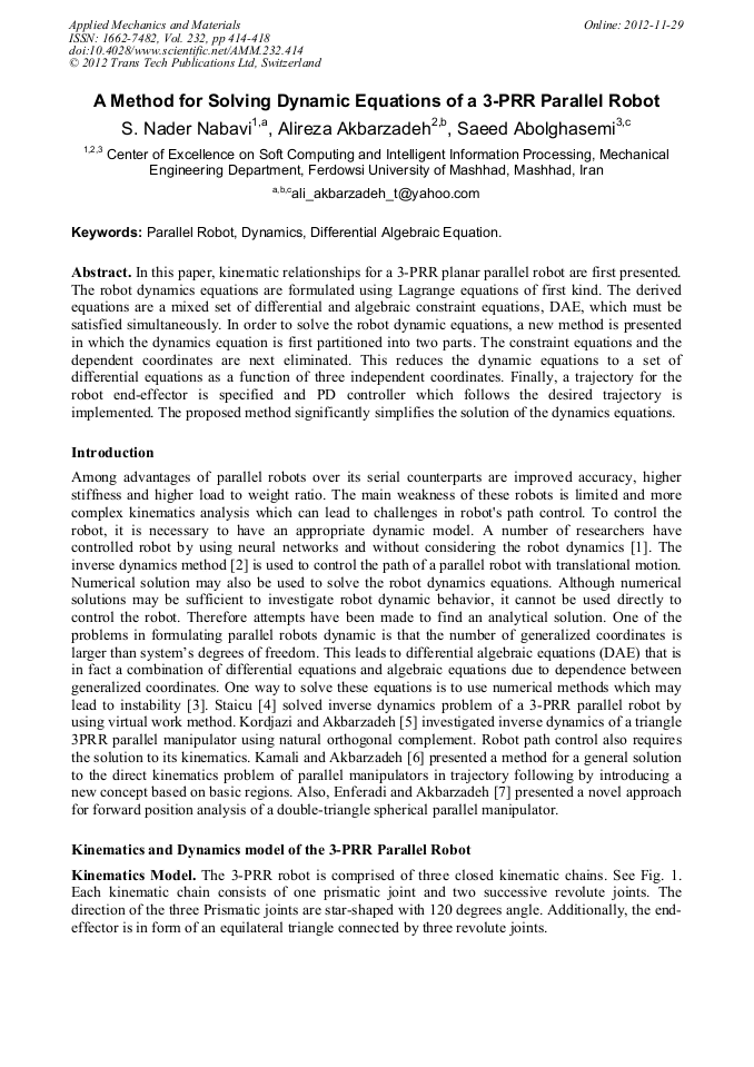 A Method for Solving Dynamic Equations of a 3-PRR Parallel Robot ...