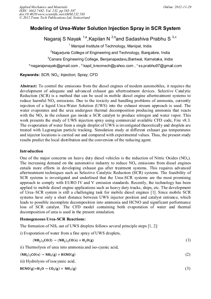 Modeling of Urea-Water Solution Injection Spray in SCR System ...