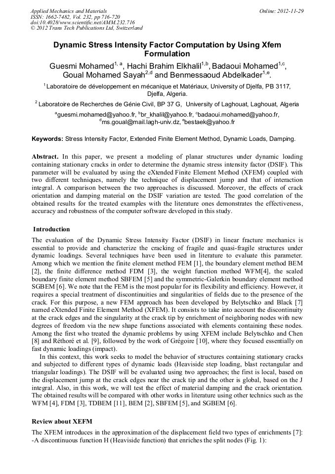 Dynamic Stress Intensity Factor Computation by Using Xfem Formulation ...