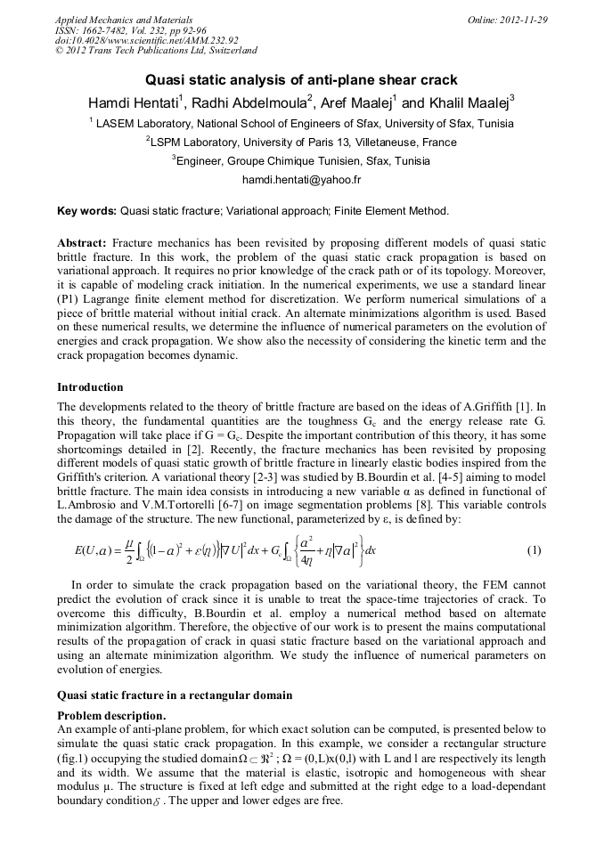 Quasi Static Analysis of Anti-Plane Shear Crack | Scientific.Net