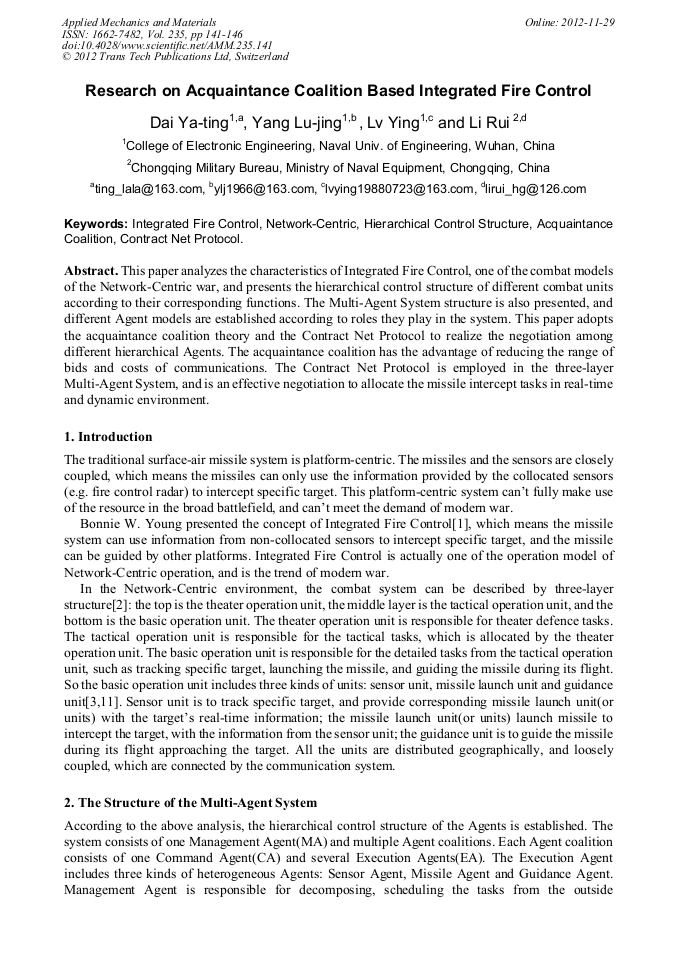 Research on Acquaintance Coalition Based Integrated Fire Control ...