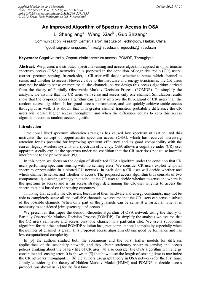 An Improved Algorithm of Spectrum Access in OSA | Scientific.Net
