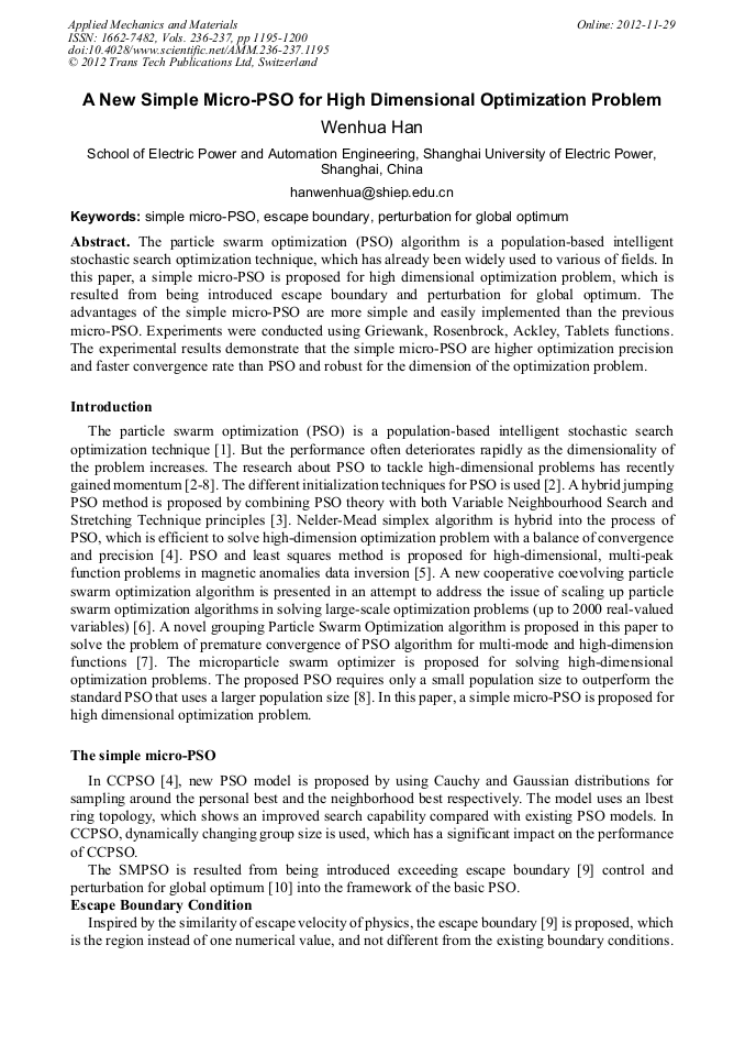 A New Simple Micro-PSO for High Dimensional Optimization Problem | Scientific.Net