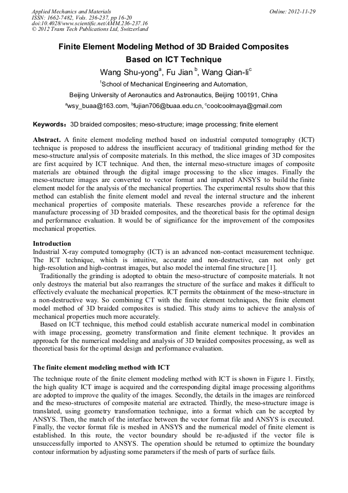 Finite Element Modeling Method of 3D Braided Composites Based on ICT ...