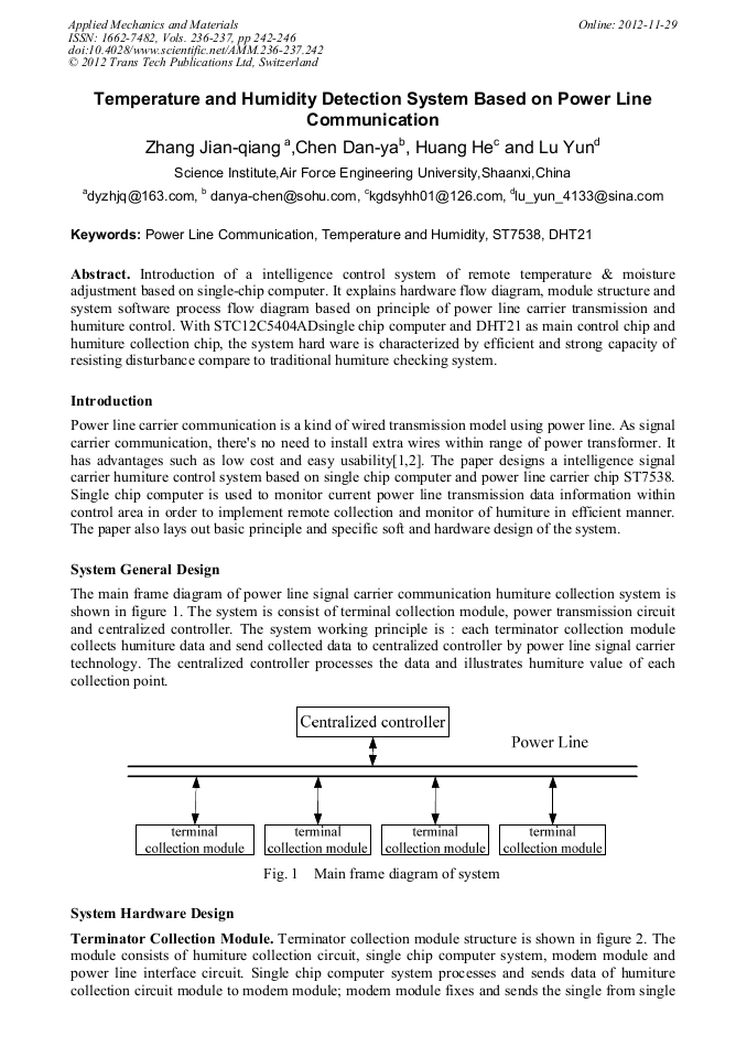 Temperature and Humidity Detection System Based on Power Line Communication | Scientific.Net