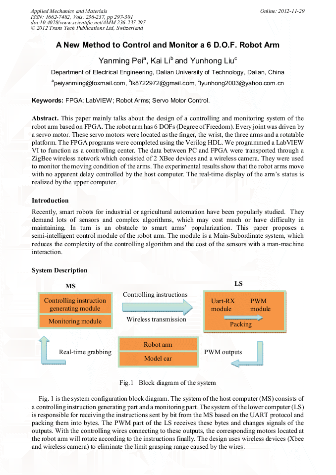 A New Method to Control and Monitor a 6 D.O.F. Robot Arm | Scientific.Net
