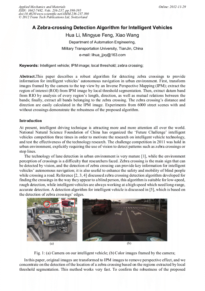 A Zebra-Crossing Detection Algorithm for Intelligent Vehicles | Scientific.Net
