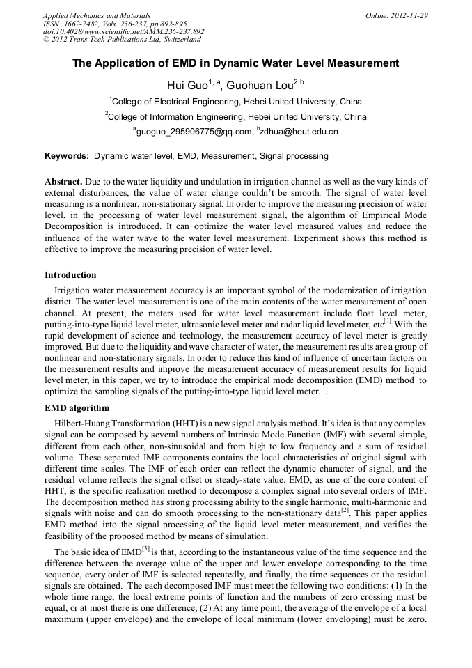 The Application of EMD in Dynamic Water Level Measurement | Scientific.Net