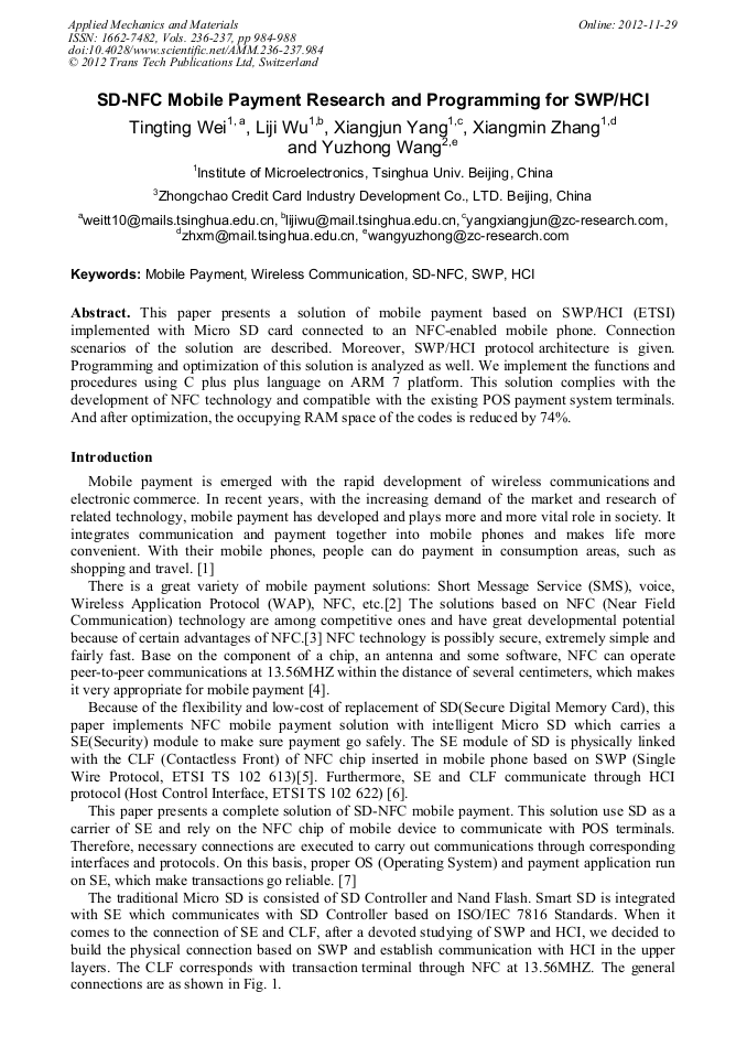 SD-NFC Mobile Payment Research and Programming for SWP/HCI | Scientific.Net