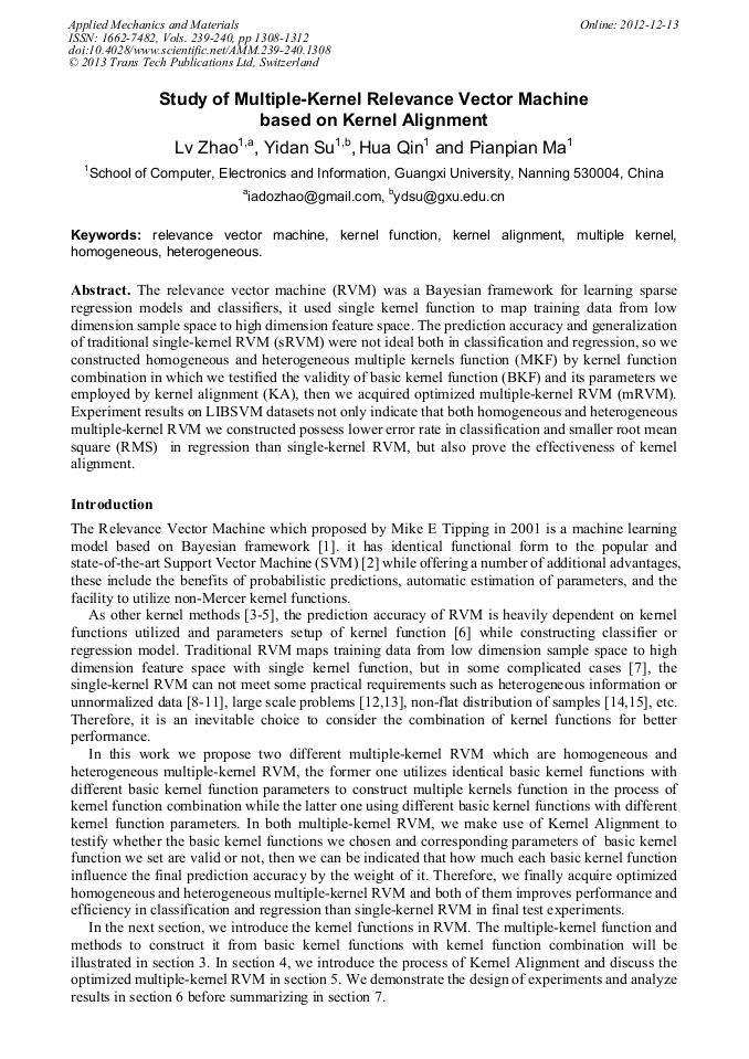 Study of Multiple-Kernel Relevance Vector Machine Based on Kernel Alignment | Scientific.Net