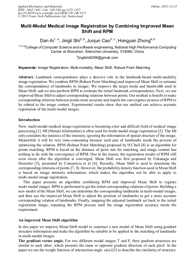 Multi-Modal Medical Image Registration of by Combining Improved Mean Shift and RPM | Scientific.Net
