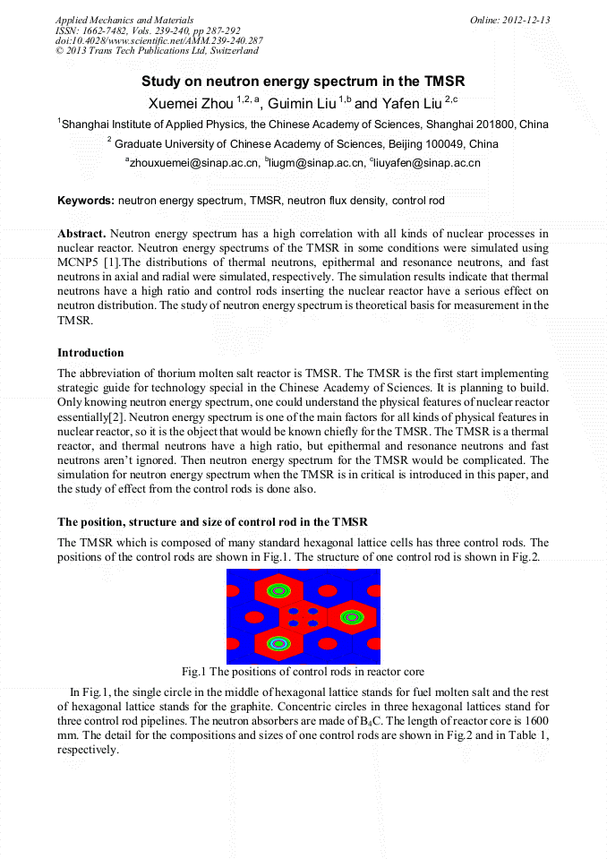 Study on Neutron Energy Spectrum in the TMSR | Scientific.Net