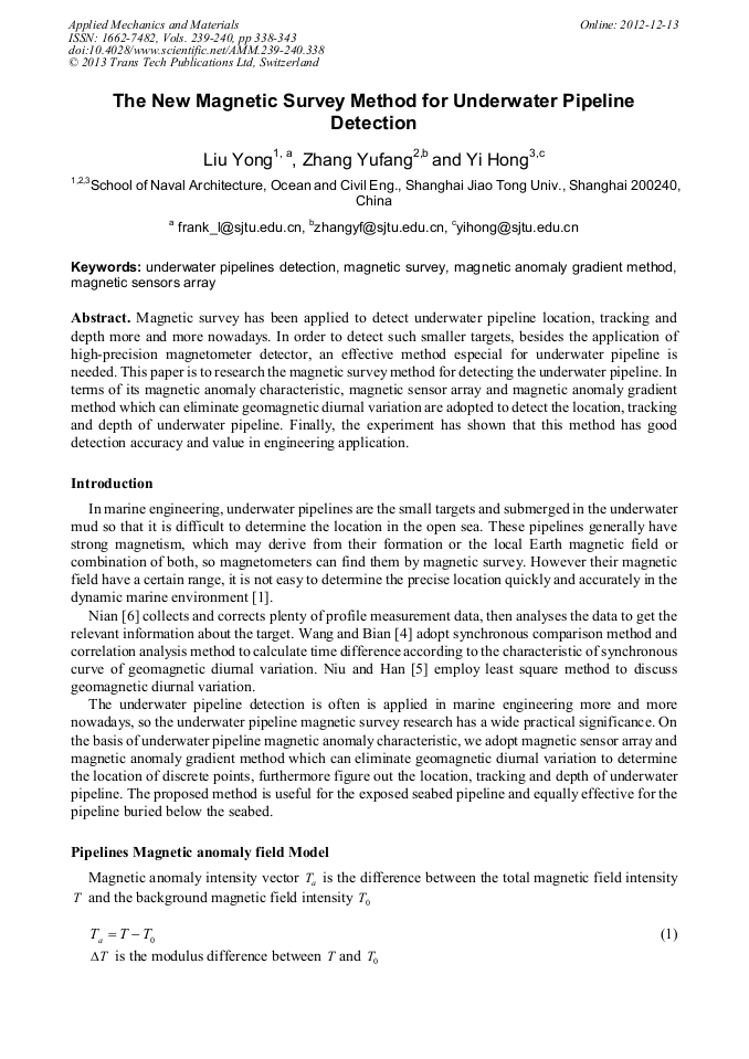 The New Magnetic Survey Method for Underwater Pipeline Detection ...