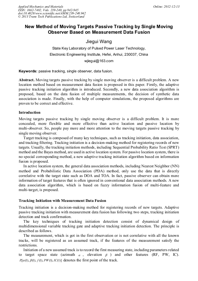 New Method of Moving Targets Passive Tracking by Single Moving Observer ...