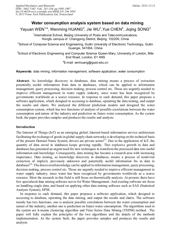 Water Consumption Analysis System Based on Data Mining | Scientific.Net