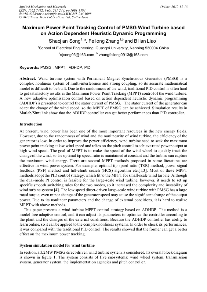 Maximum Power Point Tracking Control of PMSG Wind Turbine Based on ...
