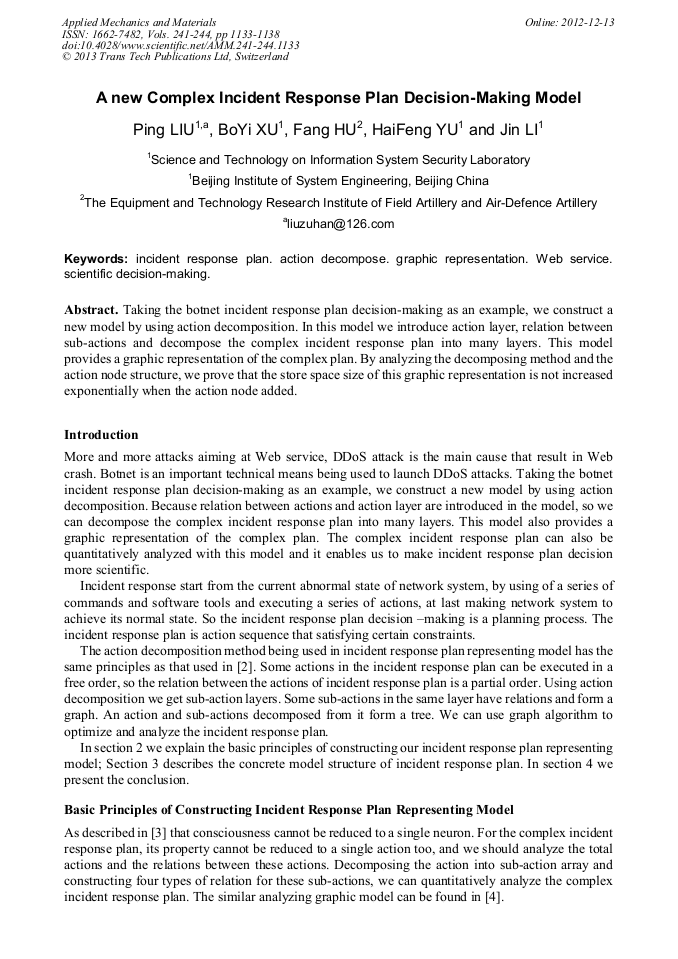 A New Complex Incident Response Plan Decision-Making Model | Scientific.Net