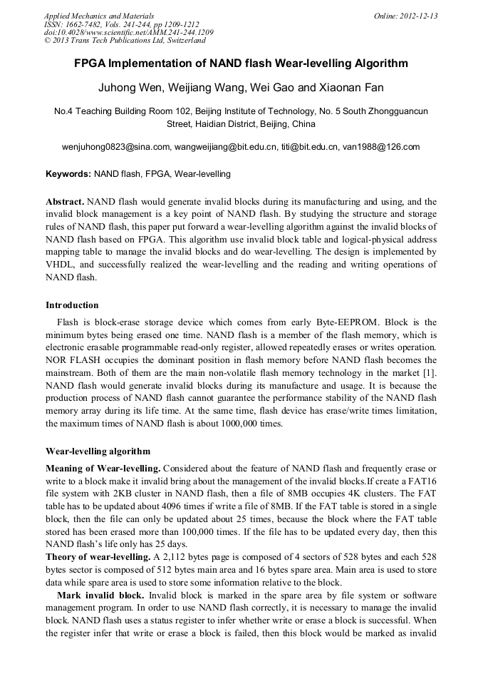 Fpga Implementation Of Nand Flash Wear Levelling Algorithm Scientificnet