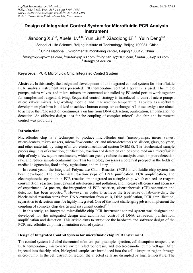 Design of Integrated Control System for Microfluidic PCR Analysis ...