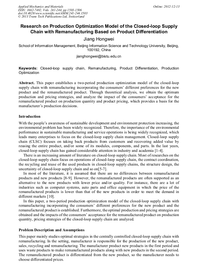 Research on Production Optimization Model of the Closed-Loop Supply ...