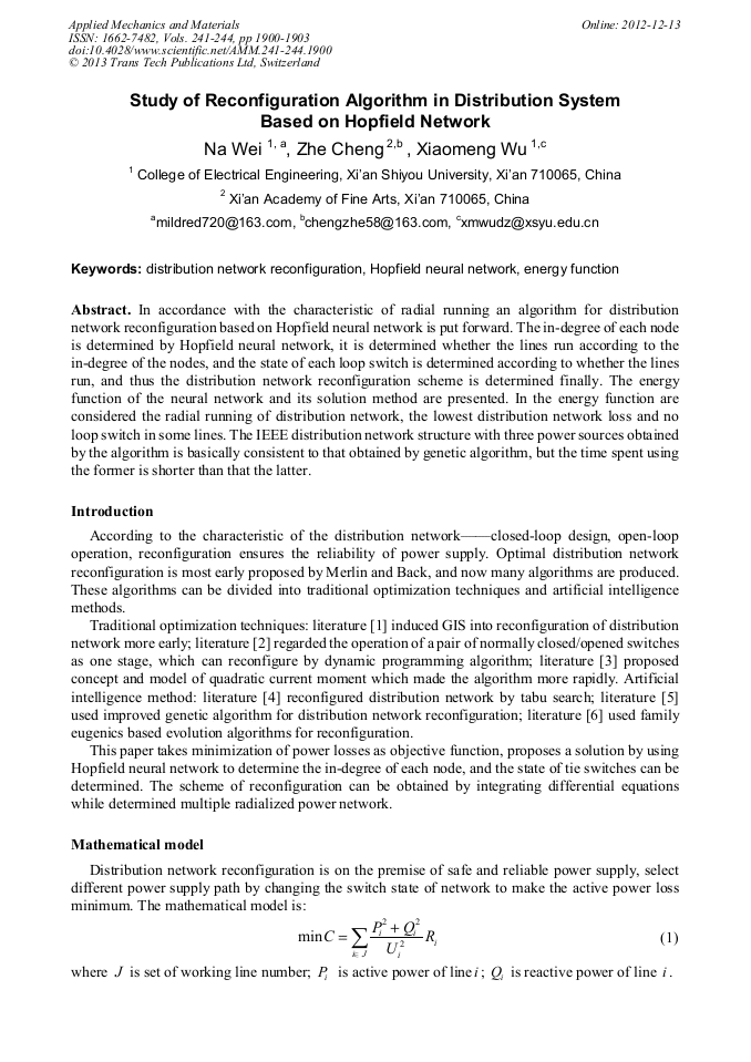Study of Reconfiguration Algorithm in Distribution System Based on ...