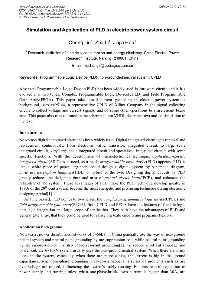 Simulation and Application of PLD in Electric Power System Circuit ...