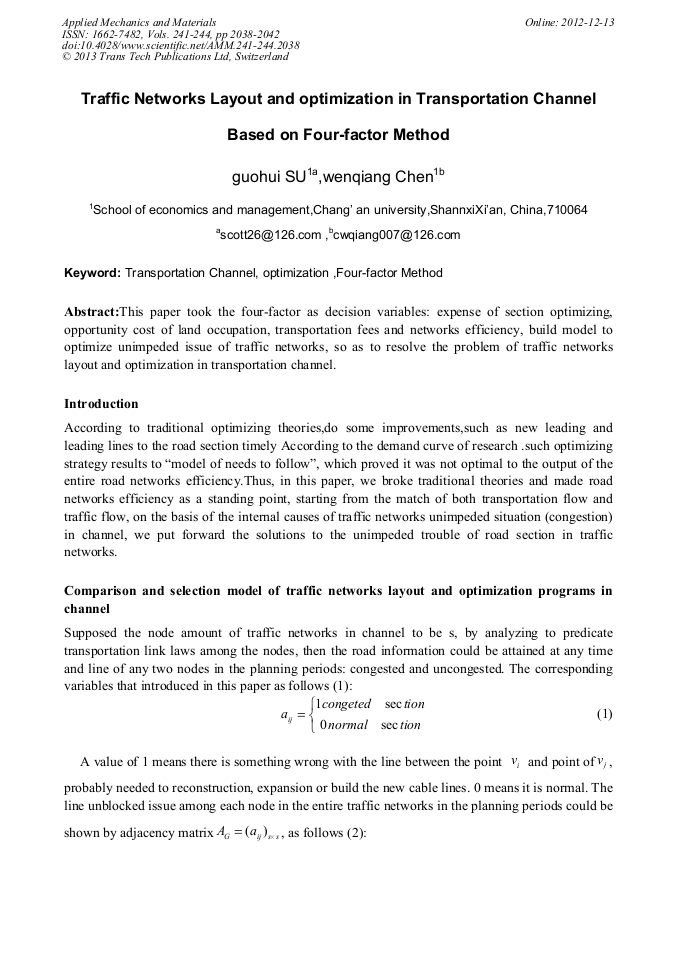 Traffic Networks Layout and optimization in Transportation Channel ...