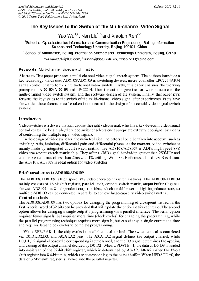 The Key Issues to the Switch of the Multi-Channel Video Signal ...