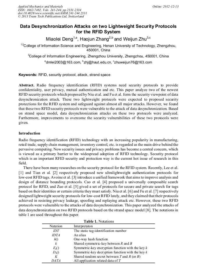 Data Desynchronization Attacks on Two Lightweight Security Protocols for the RFID System ...