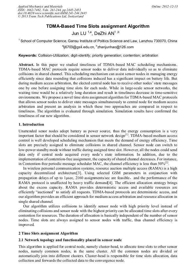 TDMA-Based Time Slots Assignment Algorithm | Scientific.Net