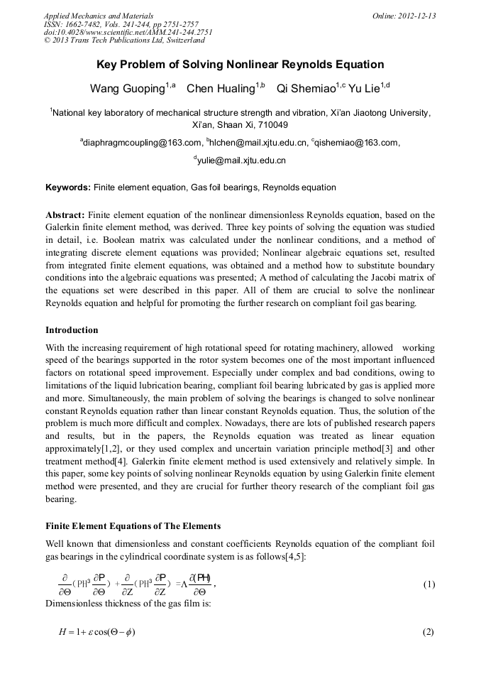 Key Problem of Solving Nonlinear Reynolds Equation | Scientific.Net