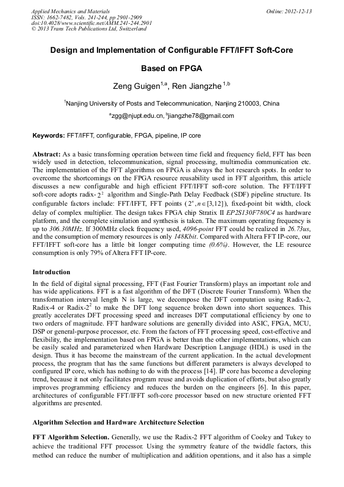 Design and Implementation of Configurable FFT/IFFT Soft-Core Based on FPGA | Scientific.Net