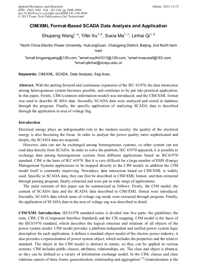 CIM/XML Format-Based SCADA Data Analysis and Application | Scientific.Net
