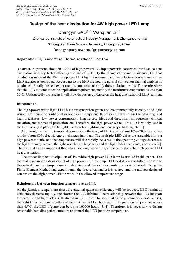 Design of the Heat Dissipation for 4W High Power LED Lamp | Scientific.Net