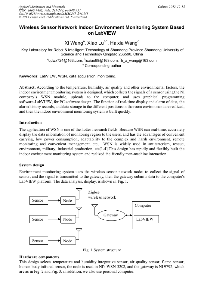Wireless Sensor Network Indoor Environment Monitoring System Based on LabVIEW | Scientific.Net