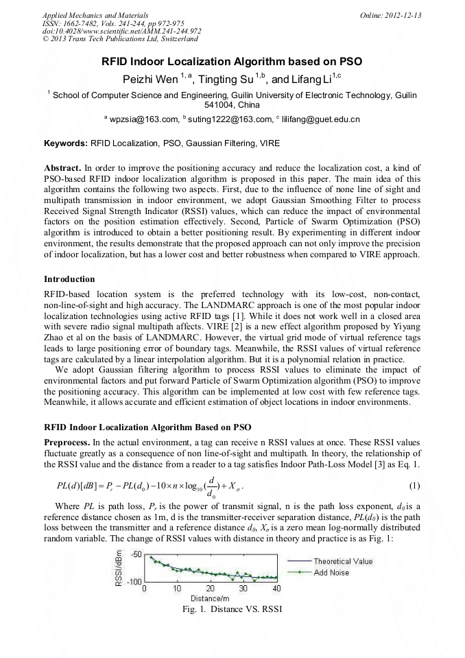 RFID Indoor Localization Algorithm Based on PSO | Scientific.Net