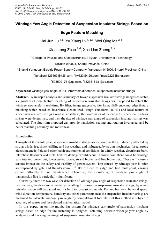 Windage Yaw Angle Detection of Suspension Insulator Strings Based on ...