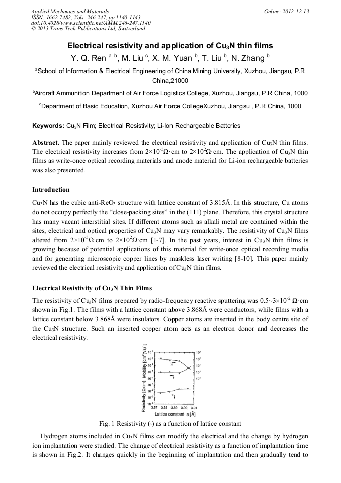 Electrical Resistivity and Application of Cu3N Thin Films | Scientific.Net