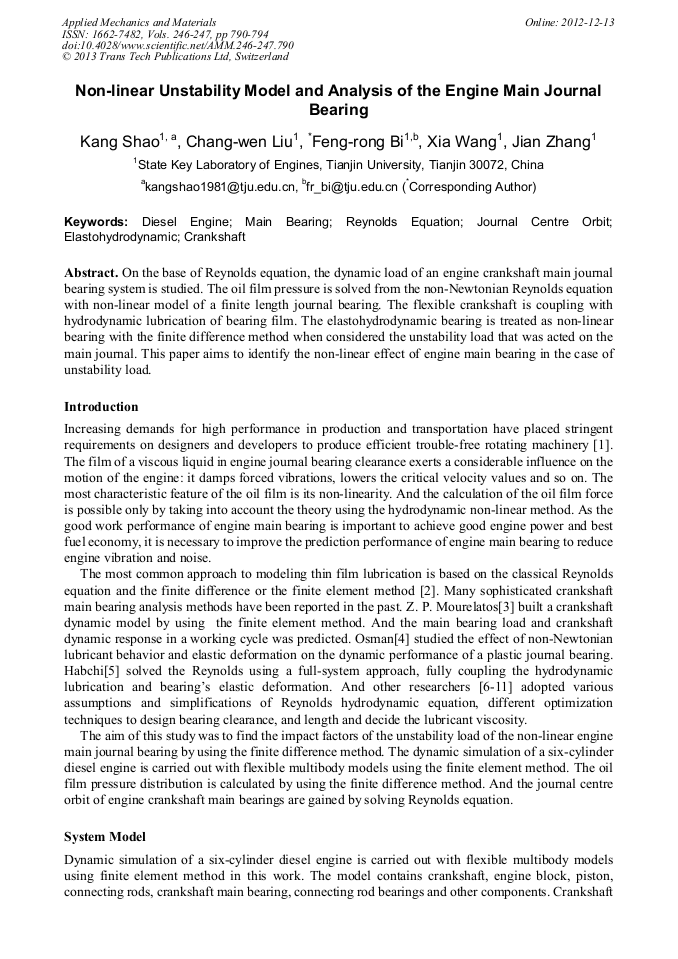 Non-Linear Unstability Model and Analysis of the Engine Main Journal ...