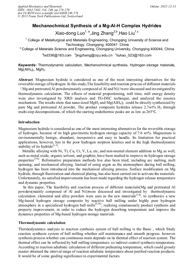 Mechanochmical Synthesis of a Mg-Al-H Complex Hydrides | Scientific.Net