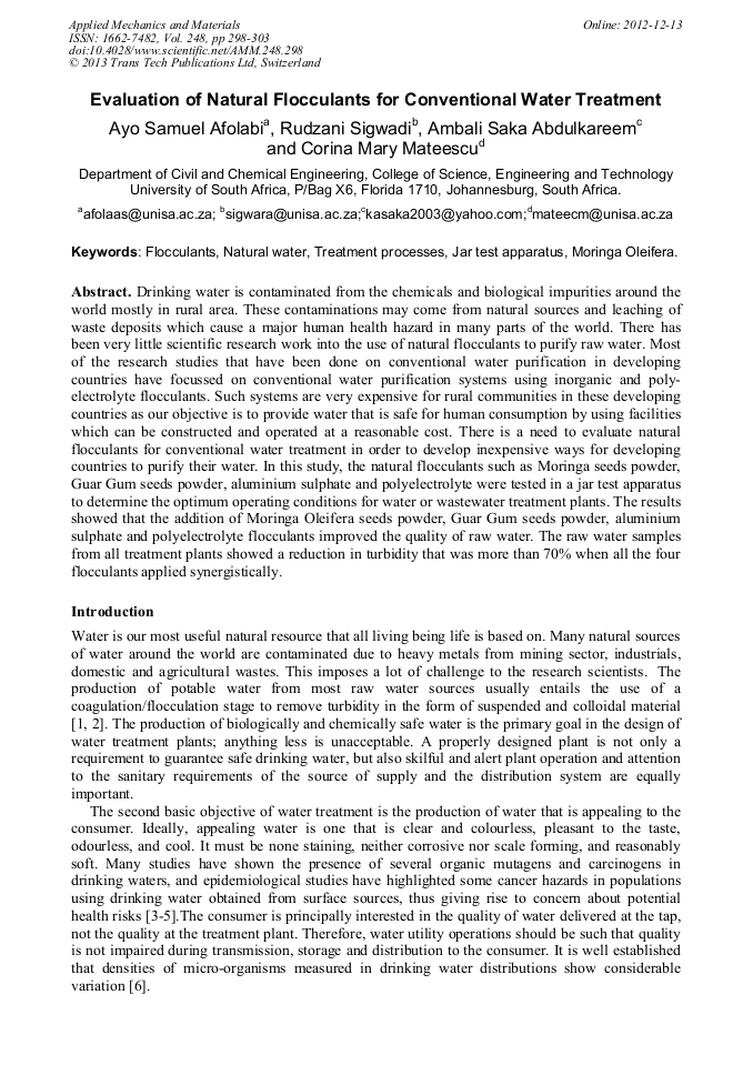 Evaluation of Natural Flocculants for Conventional Water Treatment ...