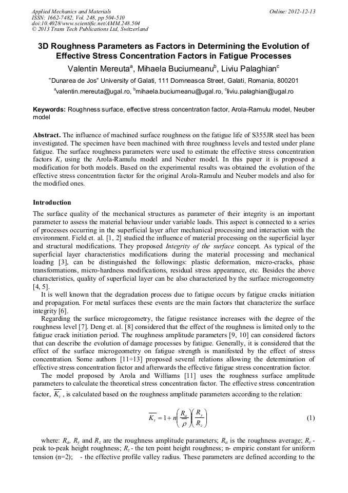 3D Roughness Parameters as Factors in Determining the Evolution of ...