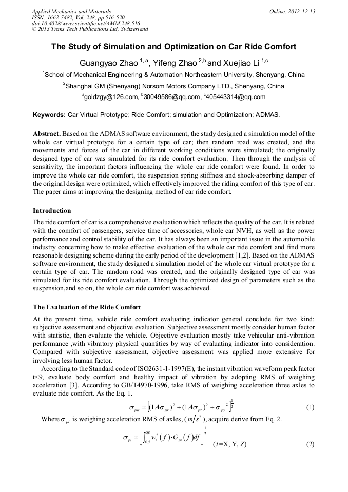 The Study of Simulation and Optimization on Car Ride Comfort ...