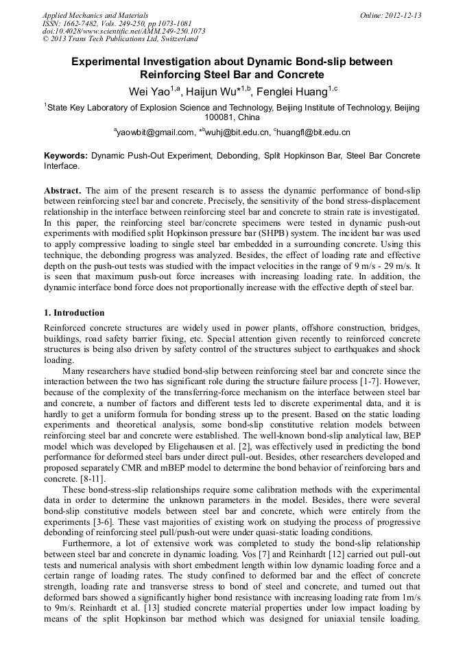 Experimental Investigation about Dynamic Bond-Slip between Reinforcing ...