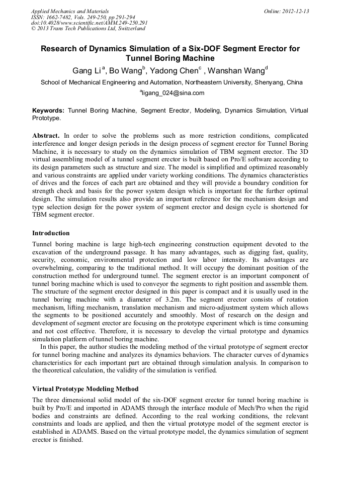 Research of Dynamics Simulation of a Six-DOF Segment Erector for Tunnel ...