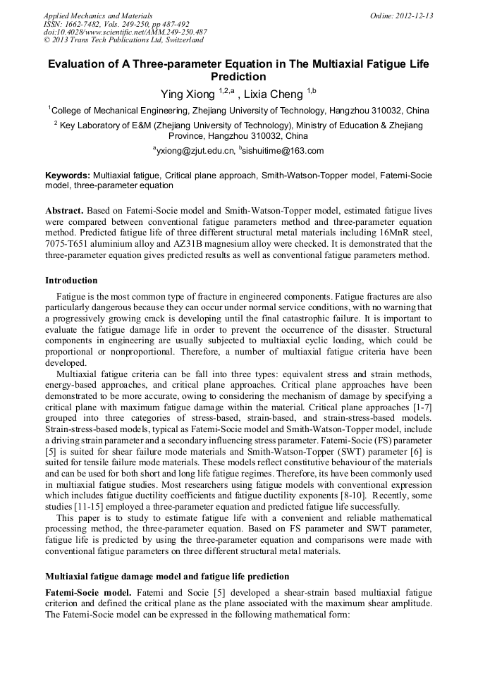 Evaluation of a Three-Parameter Equation in the Multiaxial Fatigue Life ...