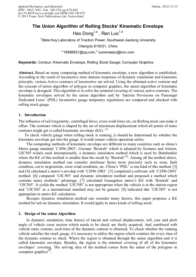 The Union Algorithm of Rolling Stocks’ Kinematic Envelope | Scientific.Net
